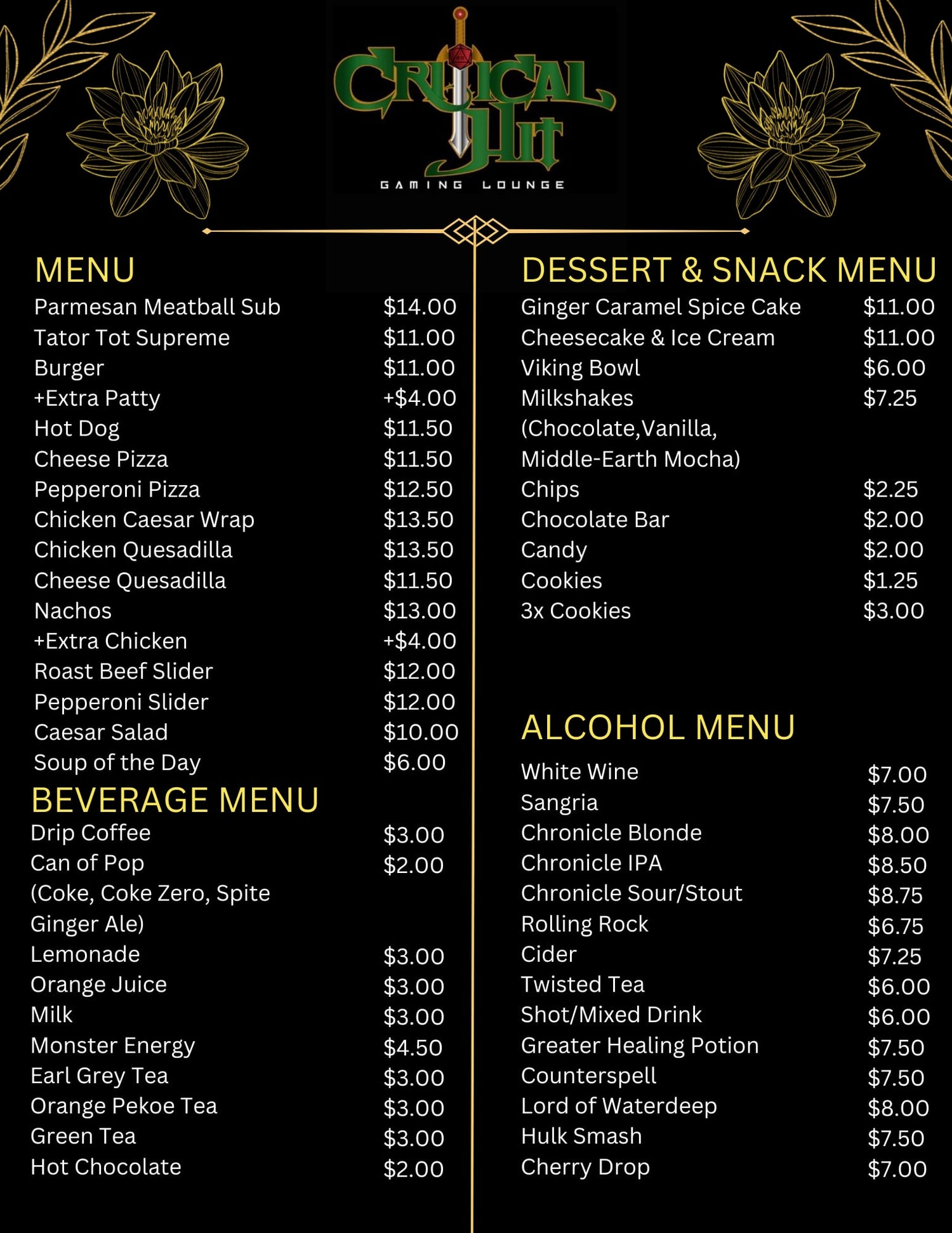 Menu – Critical Hit Gaming Lounge